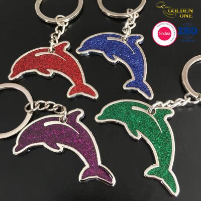 Cina Soft Enamel Guitar Glitter Shark Shape Keyring Custom Color Cute Cartoon Animals Keychains For Gift in vendita