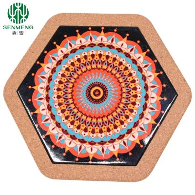 China Natural Eco-Friendly Hexagon Custom Logo Ceramic Cork Trivets for sale