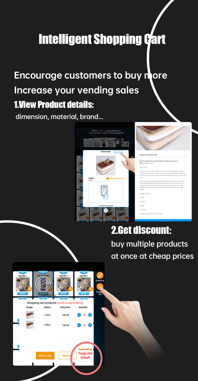 Our vending machine has intelligent shopping cart, it offer better shopping experience for cusotmer, with its discount system, it can help you sell more. micron large touch vending machine for snack drink