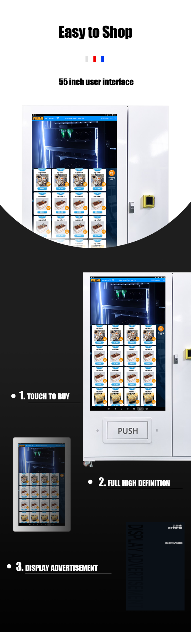 Micron 55 inch ads vending machine supports optional payment system