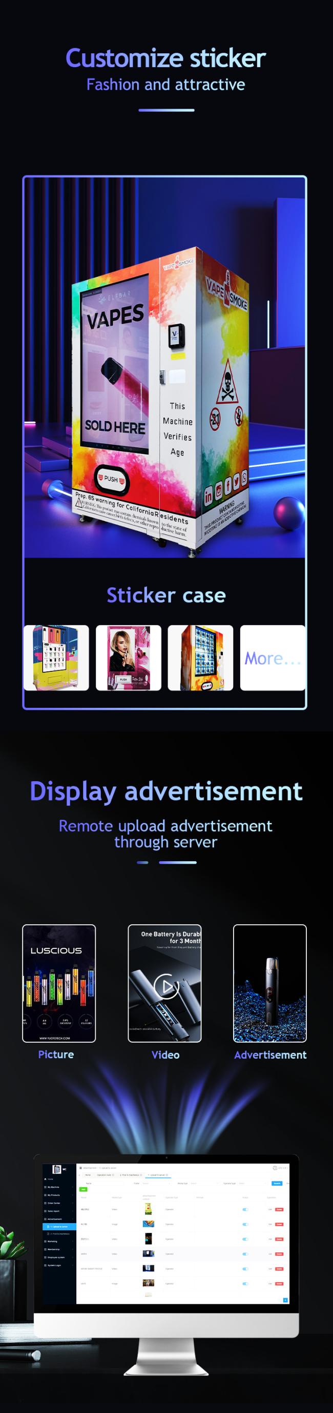 Micron smart vending 55 inch touch screen vape E-cigarette vending machine supplier, this vending machine can hold 800~1000 vapes