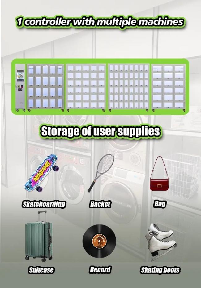 User retrieving clothes from laundromat locker
