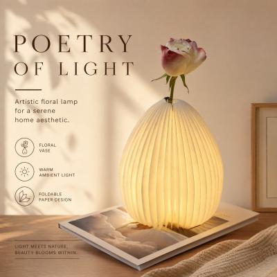 China Vase Shaped Foldable Paper Lamp with Flower Tube, USB Rechargeable LED Dimmable Night Light, Portable Home Decor for Living Room for sale