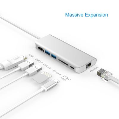 China USB C Hub 6 in 1 Aluminum Multiport Adapter With USB-C Charging Port 3 USB 3.0 ports 4K  output for Macbook Pro for sale