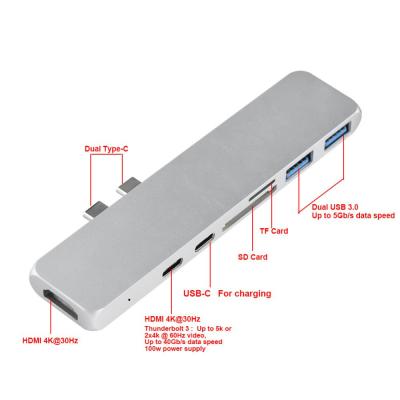 China 2018 Aluminum Thunderbolt 3 USB-C Hub USB Driver 7 Ports Dual Type C Hub 4K Type C Docking for MacBook Pro 13''15' for sale
