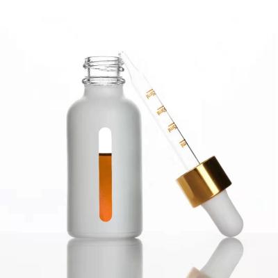 China 30ml matte white boston bottle with one side window silk screen,amber ink pipette for CBD oil for sale