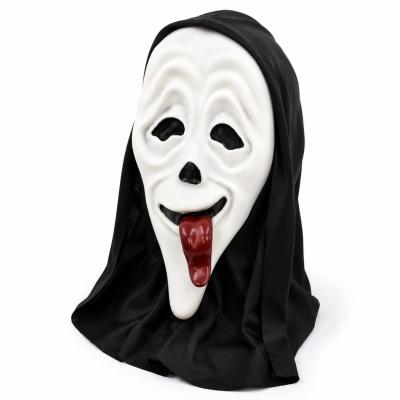 China PVC Tongue Scream Mask with Black Hood, White Ghost Face Horror Party Mask, Funny Scary Halloween Cosplay Face Cover for Masquerade, Festival Costume, Stage Props and Photo Video Scenes for sale