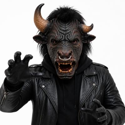 China Realistic Bull Monster Latex Mask with Horns and Long Hair, Full Head Animal Horror Mask for Adults, Scary Halloween Costume, Cosplay Party Prop, Haunted House Decoration, Stage Performance and Party for sale