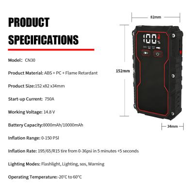 China Smart Multi Functional Jump Starter 8000mAh 10000mAh 12V 150PSI Tire Inflator Emergency Vehicle Jump Starter for sale