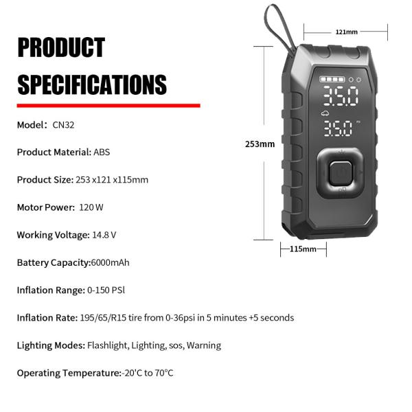 Quality 6000 MAh ABS Portable Jump Starter With Tyre Inflator 0-150PSI Car Air for sale