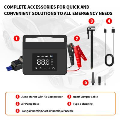 China 6 In 1 Wireless Portable Car Power Bank Jump Starter With Tire Inflator Blower LED Digital Display for sale