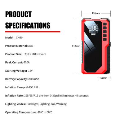 China Multi Function Portable Battery Jump Starter 6400mAh 8000mAh 12V Emergency Jump Starter With Air Compressor for sale
