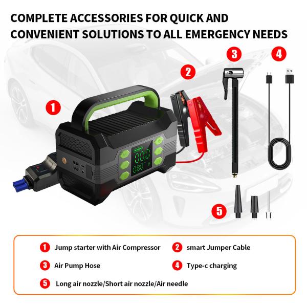Quality Digital Multi Functional Jump Starter With Flashlight Car Battery Charger Air Compressor Tire Inflator 150PSI for sale
