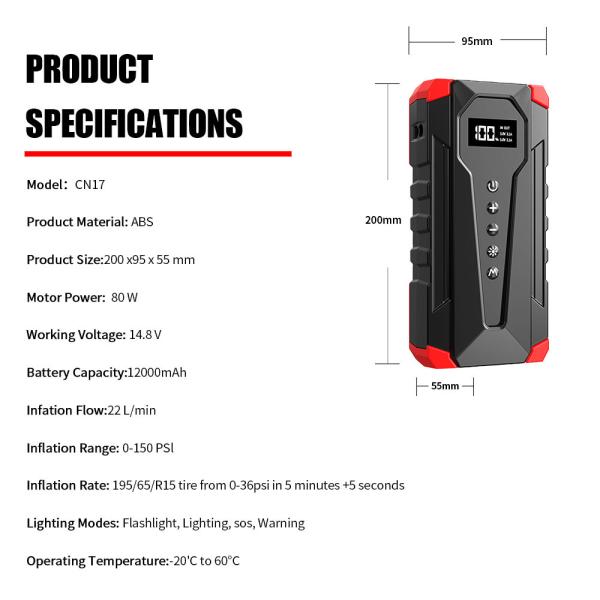 Quality 12000mAh Battery Jump Starter With Air Compressor 12 Volt Battery Jump Box Auto for sale