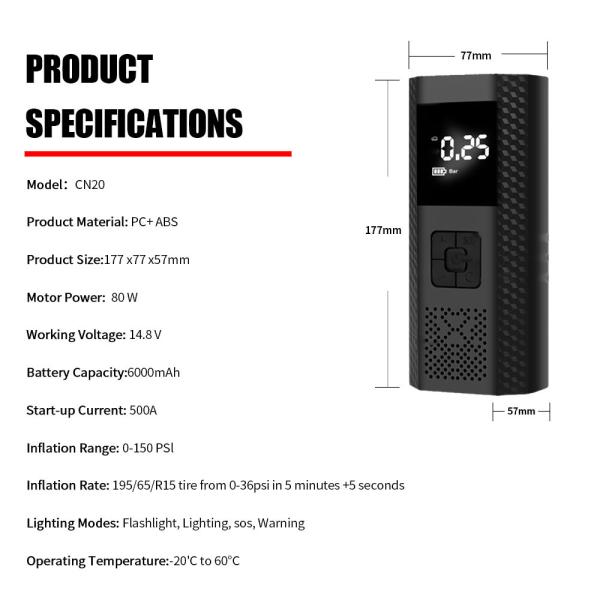 Quality 2 In 1 Mini Jump Starter Portable Tyre Inflator 6000mAh Electric Car Air Pump for sale