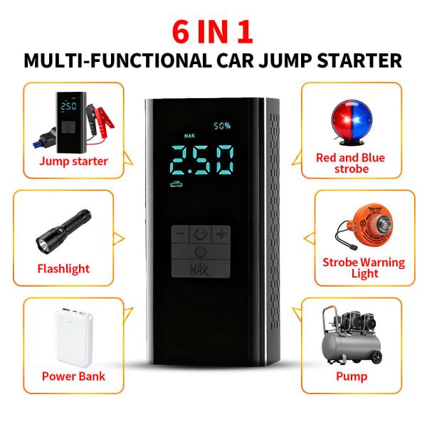 Quality Car Battery Charger Jump Starter Battery Pack Car Emergency Power Supply 6000mAh / 8000mAh Air Compressor for sale