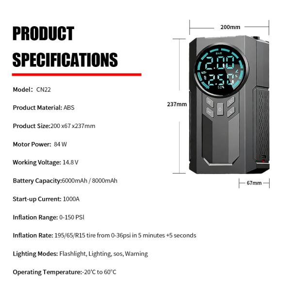 Quality Vehicle Jump Starter With Tyre Inflator 150 PSI Air Pump Compressor Emergency for sale