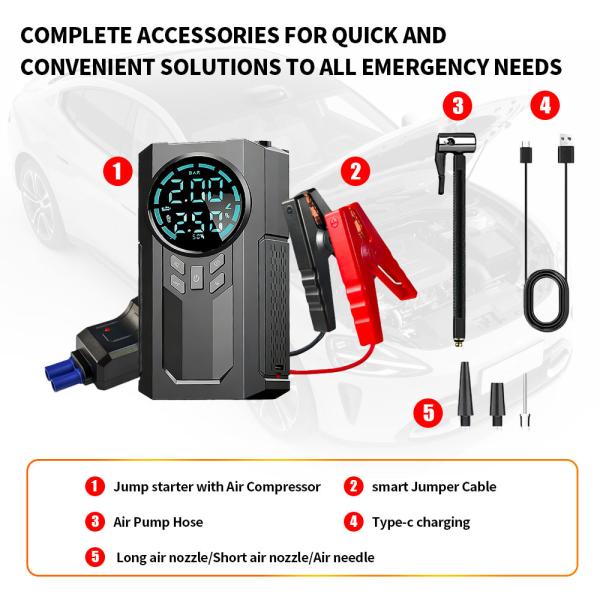 Quality Multi Function Mini Jump Starter With Tyre Inflator 150 PSI Car Air Pump Compressor Tire Pump Emergency Starter Pack for sale