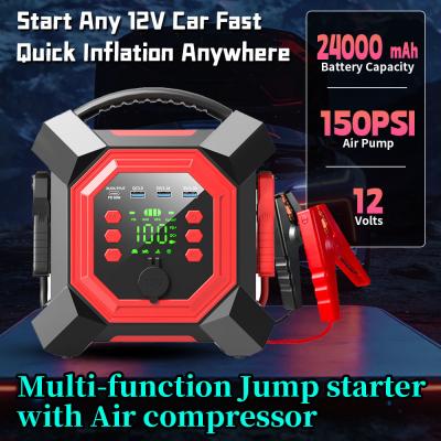China 24000mAh 6-in-1 Multi-Functional Jump Starter with 150PSI Air Compressor and Emergency Lights for sale