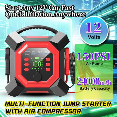 China 24000mAh Multi Functional Jump Starter with 150PSI Digital Air Compressor and 600A Peak Current Portable Power Pack for sale