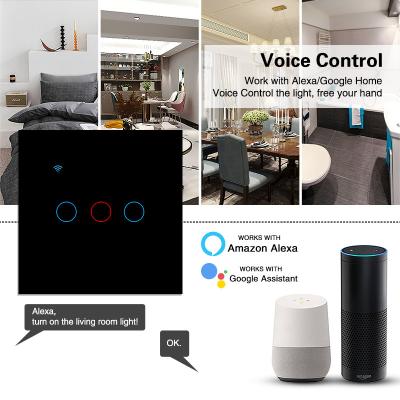 中国 ヨーロッパの標準 チューヤ ブラック テンプレートガラス スマート ウォールマウント Wi-Fi スイッチ タイプ 86 3 ギャング アレクサ・ボイス 販売のため