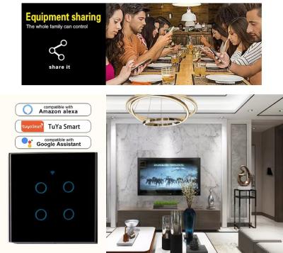 China 4Gang WiFi Smart Switch Type 86 Eu Standard Black Tempered Glass Panel Work With Yandex Alice Voice Timing App Control for sale