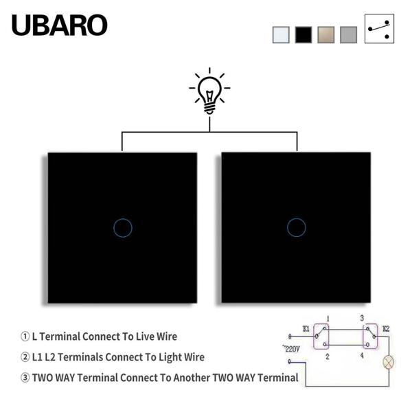 UBARO デュアルスイッチ 壁掛け 黒ガラスパネル 1Gang 2Way 100-240Vac 50-60Hz 階段スイッチ 丸い箱用
