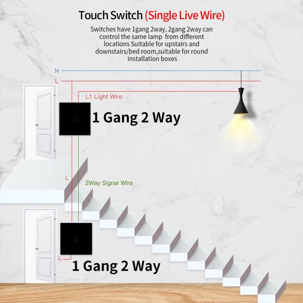 UBARO デュアルスイッチ 壁掛け 黒ガラスパネル 1Gang 2Way 100-240Vac 50-60Hz 階段スイッチ 丸い箱用