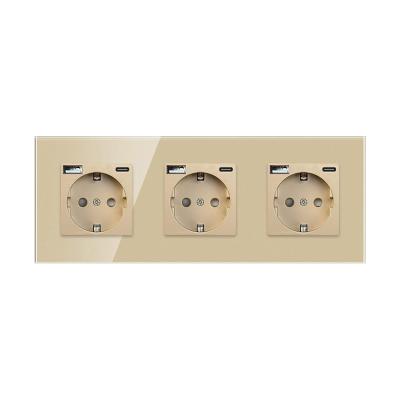 China CE certification Wall 3USB Type-C Socket with 3500W Rated Power Tempered Glass Panel and Round Mounting Box for sale