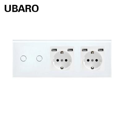 China UBARO Smart 2-Gang Touch Light Switch with Dual EU Schuko Power Outlet and 4 USB-A Charging Ports in Tempered Glass Wall Plate for sale