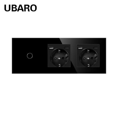 China 1 Gang Touch Light Switch with Dual EU Schuko Socket and USB-C in Black Glass Wall Outlet for sale