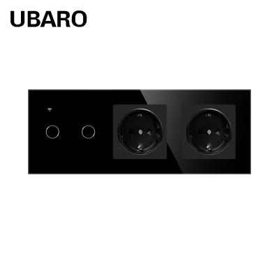 China UBARO Smart WiFi Touch Light Switch & Dual EU Schuko Power Outlets Combo with Tempered Glass Panel and Tin-phosphor Bronze Wiring for sale