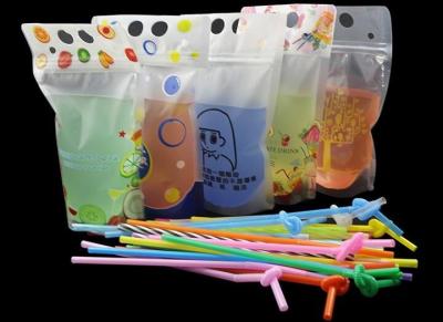 China Stand Up Reclosable Zipper Clear Drink Pouches Bags with Plastic Straw, 8mil Hand-held Drinking Bags 15" Bottom Gusset for sale