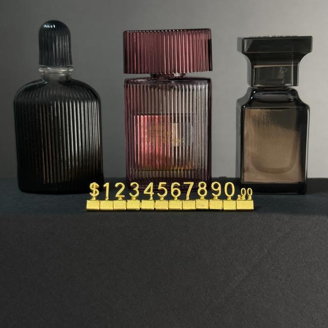 Complete set of metal price display cubes in retail environment