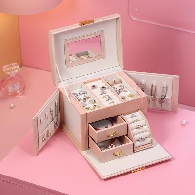 China Pink 3 Layer Large Capacity Jewelry Box with Mirror and Portable Handle for sale