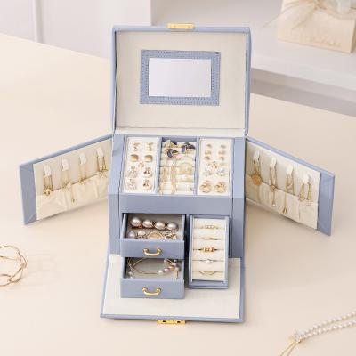 China Blue PU Leather Jewelry Organizer Box with Mirror 18 × 15 × 14 cm for sale
