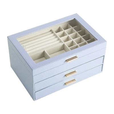 China Large Desktop PU Leather Jewelry Box Blue with Flip Lid and Transparent Window for sale