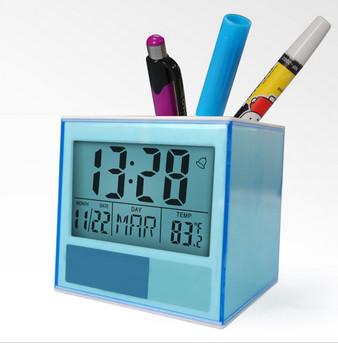 China Home Decor Desk Digital Clock Pen Stand Holder with Penholder Date Temperature for Classroom, Hotel for sale