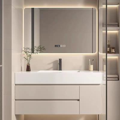 China Gabinete de tocador de baño reflejado estilo crema de mantequilla con lavabo de empalme sin costuras en venta