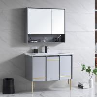 China Solid Wood Floor Mount Bathroom Vanities With HD Silver Mirror for sale
