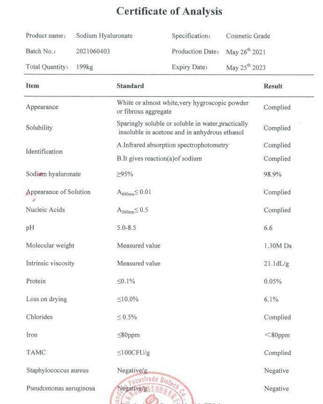Cosmetic Grade Sodium Hyaluronate Powder Raw Material