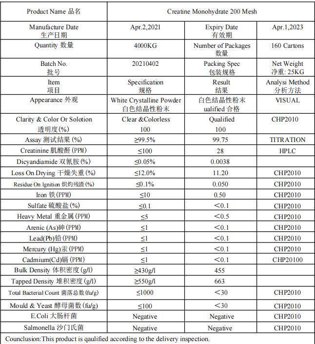 200mesh 80mesh (CAS 6020-87-7) Pure Powder Creatine Monohydrate