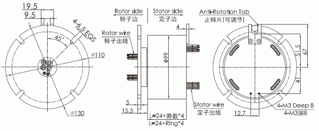 bm099シリーズBM099シリーズ産業バス スリップ リング（RS-232、RS-485、RS-422）スリップ リング デッサン