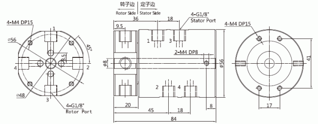 3004006 series 3004006 Series G1/8 4 Passage Rotary Unions slip ring Drawing 