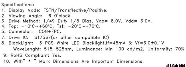 LCD display dimensions and specifications