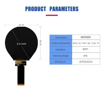 China 3.4 Inch Circular TFT LCD Display 800x800 Resolution IC JD9365DA MIPI LCD Module for sale