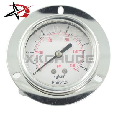 China Axial 304 Stainless Steel Glycerin Filled Pressure Gauge 40mm 0–10 Bar / 150 Psi With Flange for sale