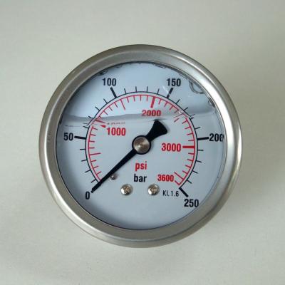 Cina 63mm manometro riempito Glycerinum di acciaio inossidabile del manometro da 3600 PSI indietro del collegamento d'ottone idraulico dell'entrata in vendita