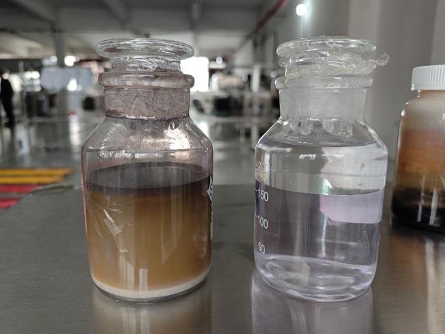 Before-and-after comparison showing contaminated waste solvent and recovered clean anhydrous ethanol
