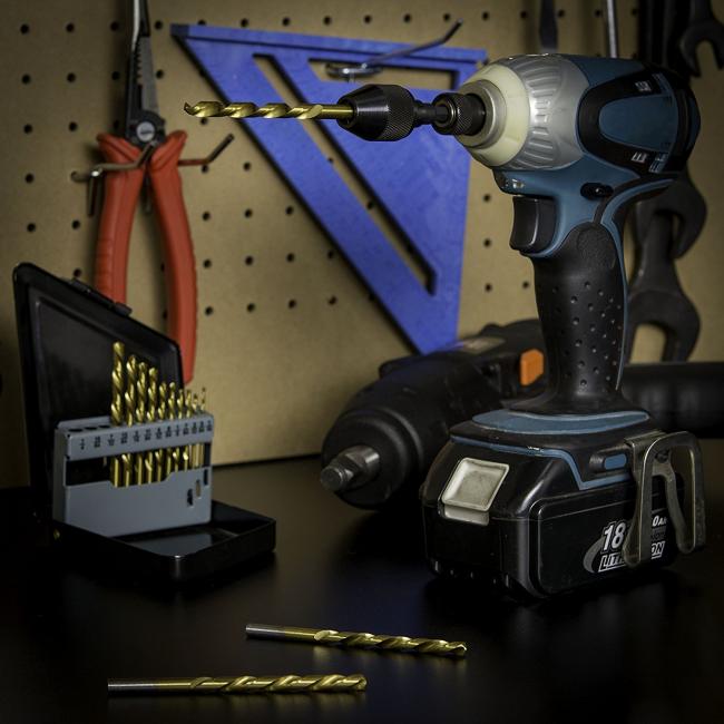 Left hand high speed steel drill bit set with titanium nitride coating